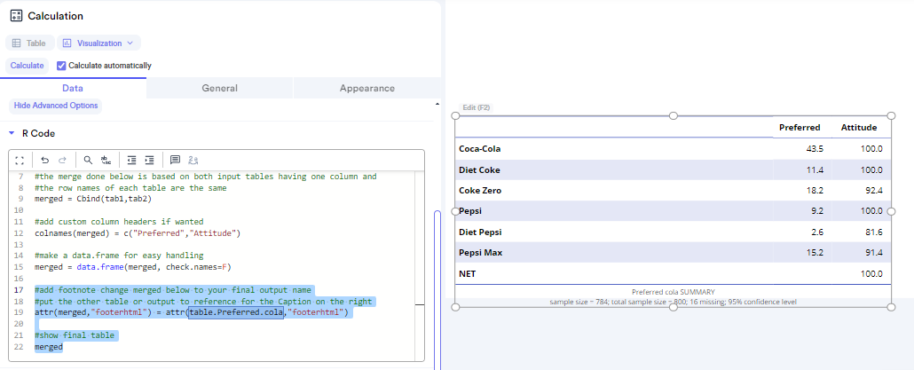 How To Add Custom Captions To R Based Tables Visualizations And Outputs Displayr Help