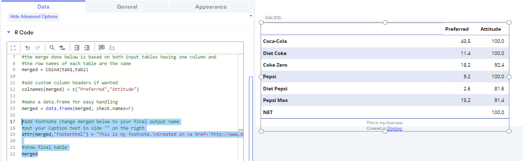 How To Add Custom Captions To R Based Tables Visualizations And Outputs Displayr Help